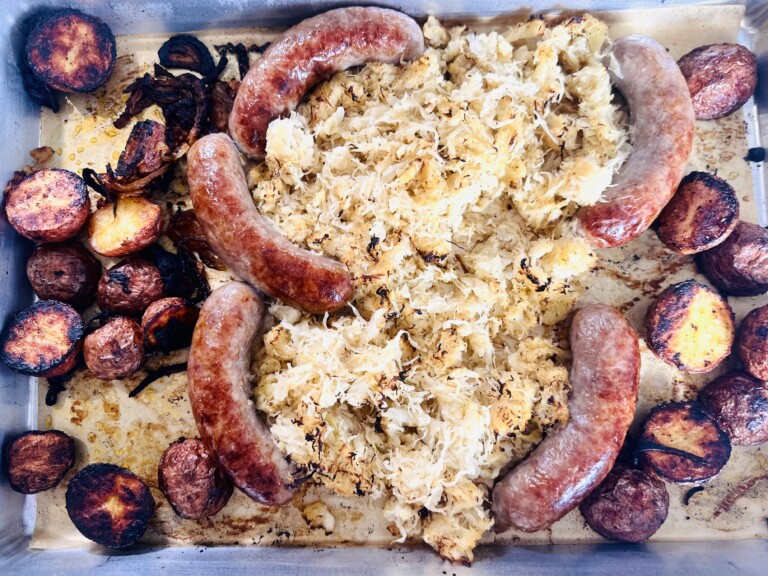 Sheet Pan Bratwurst with Sauerkraut Roasted New Potatoes